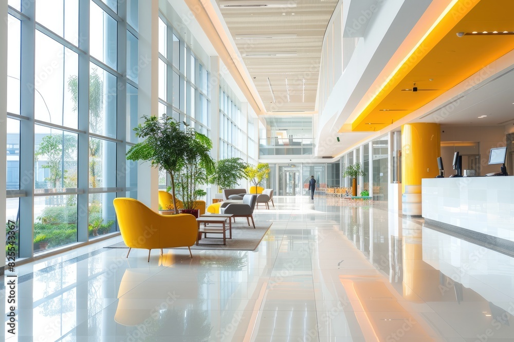View of a modern hospital lobby interior, Natural light on hospital ...