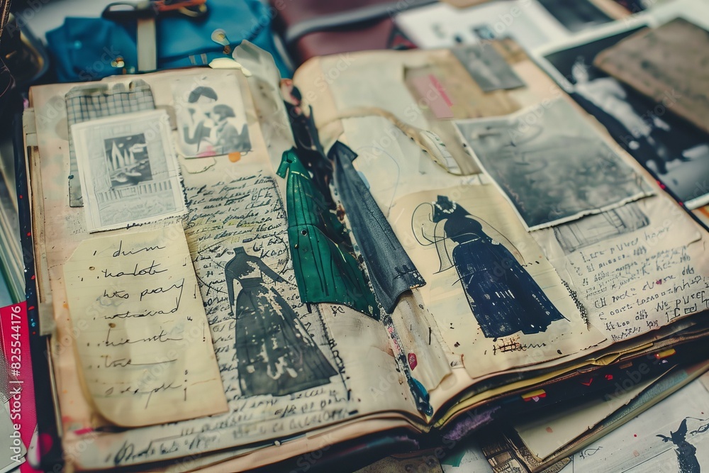 Open scrapbook filled with old photographs, handwritten notes, and ...