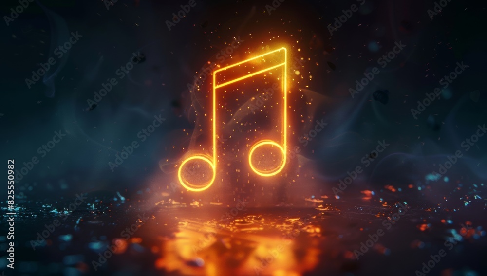 music note glowing on dark background, illuminated with neon light ...