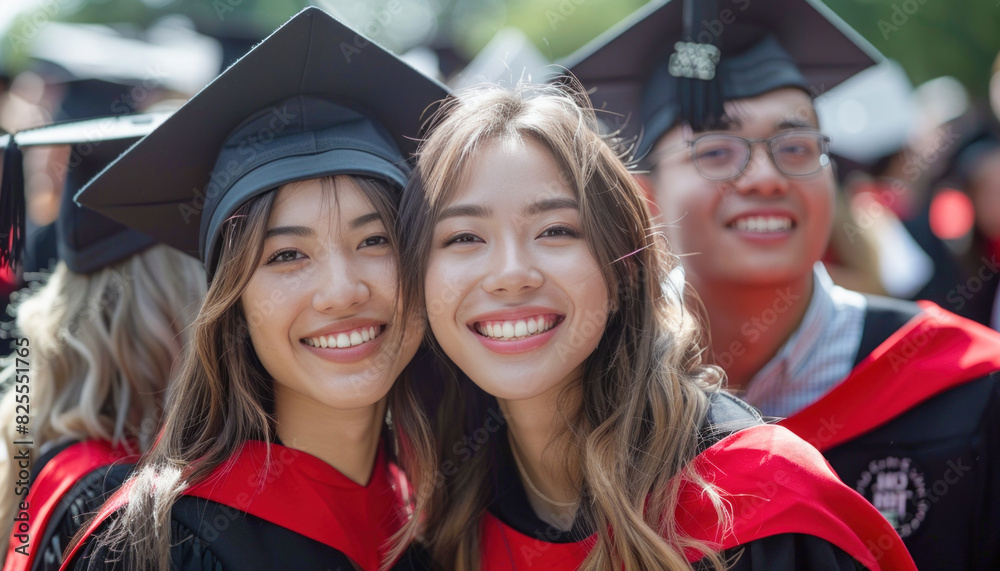 Two graduates are smiling and posing for a picture at their graduation ...