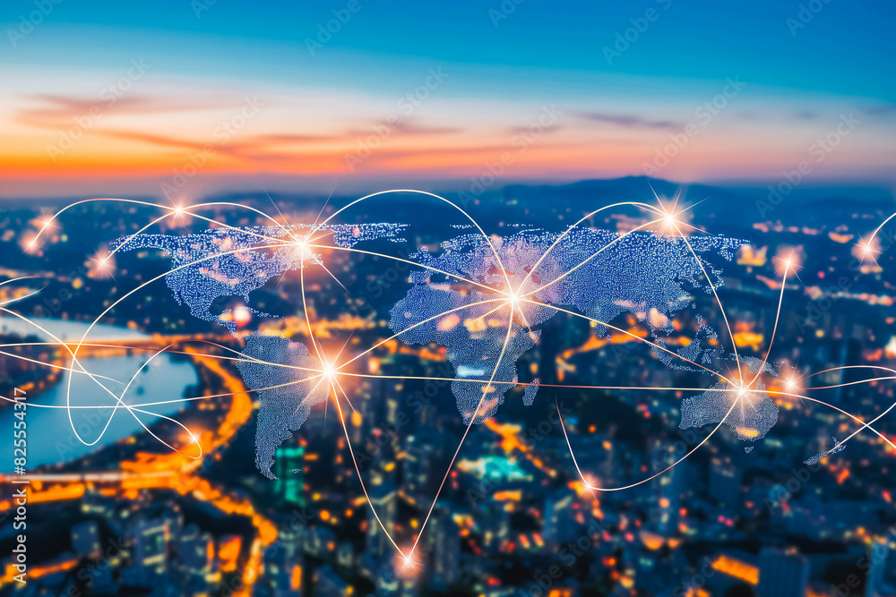 Lines connecting different cities trace across a world map ...