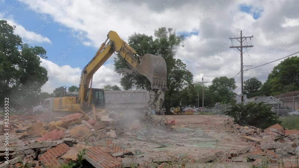 Dusty demolition site as a hydraulic excavator loads demolished ...