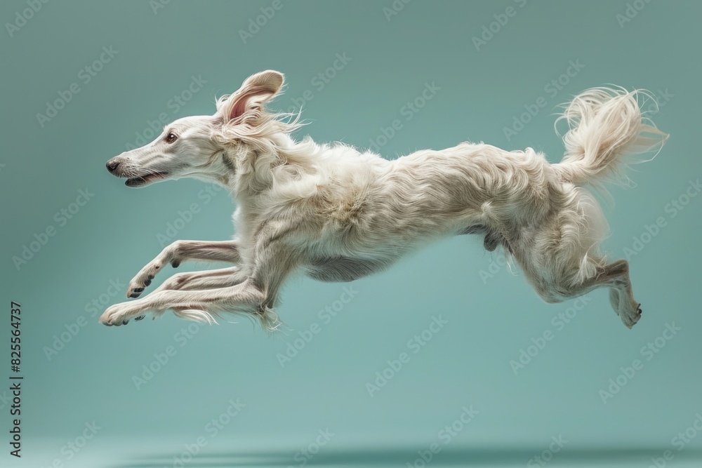 Borzoi dog Jumping and remaining in mid-air, studio lighting, isolated ...