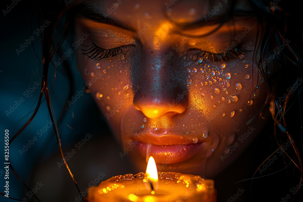 A tear-streaked face illuminated by the soft glow of candlelight ...