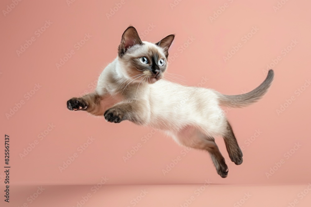 Siamese cat Jumping and remaining in mid-air, studio lighting, isolated ...