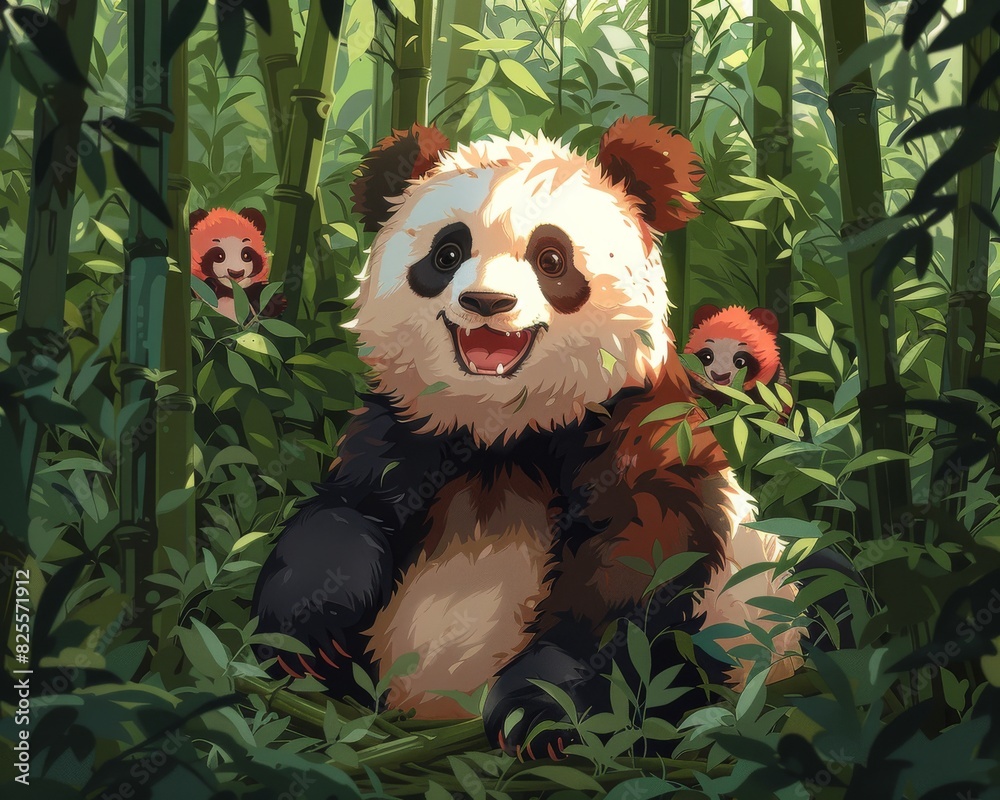 Cute giant panda and red pandas in lush bamboo forest, cheerful panda ...