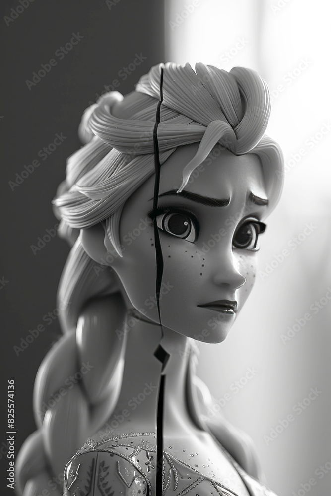 Black and white portrait of cartoon young woman character with a crack ...