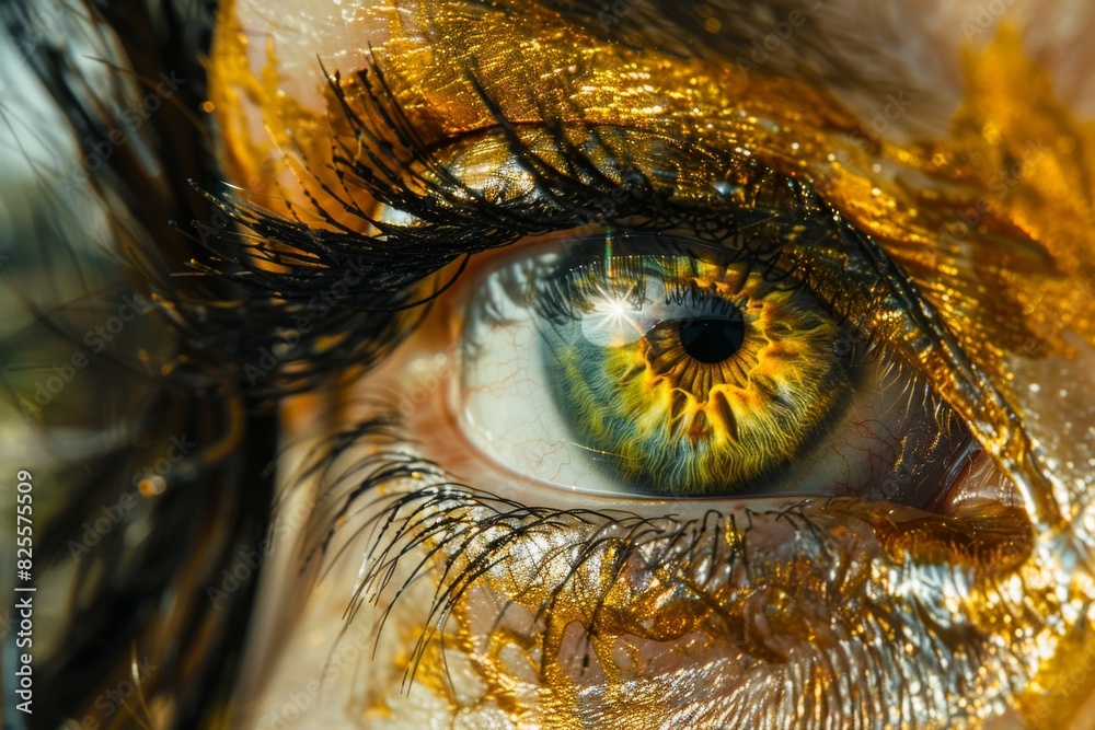 Detailed macro photography of an eye with golden sparkles, highlighting ...