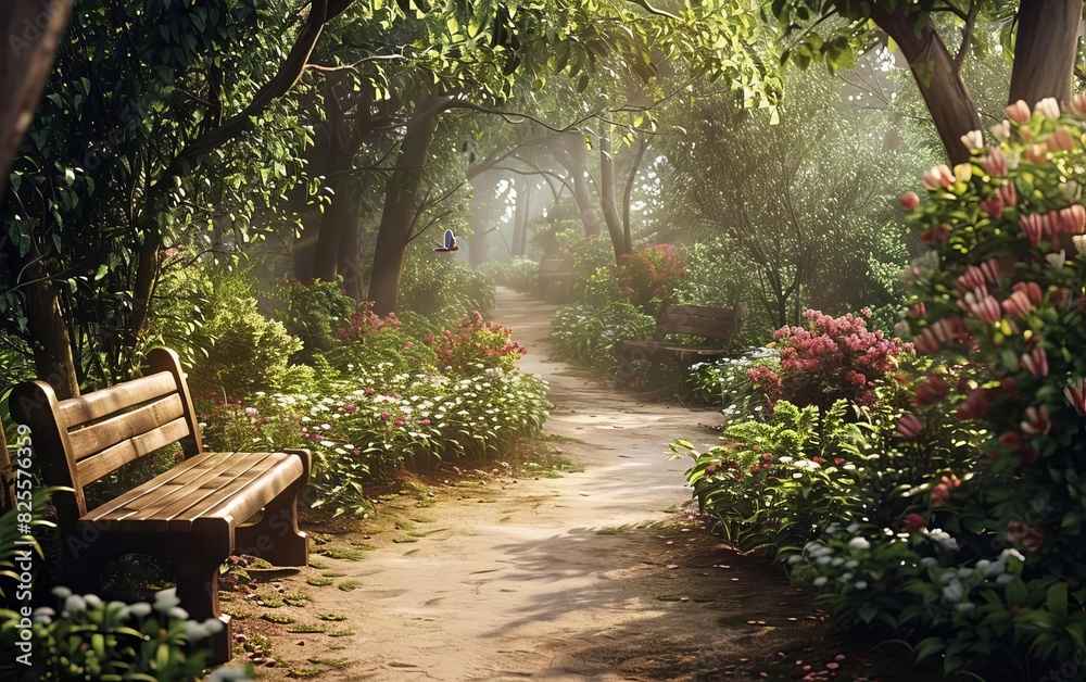 Peaceful garden path with wooden bench, surrounded by lush greenery ...
