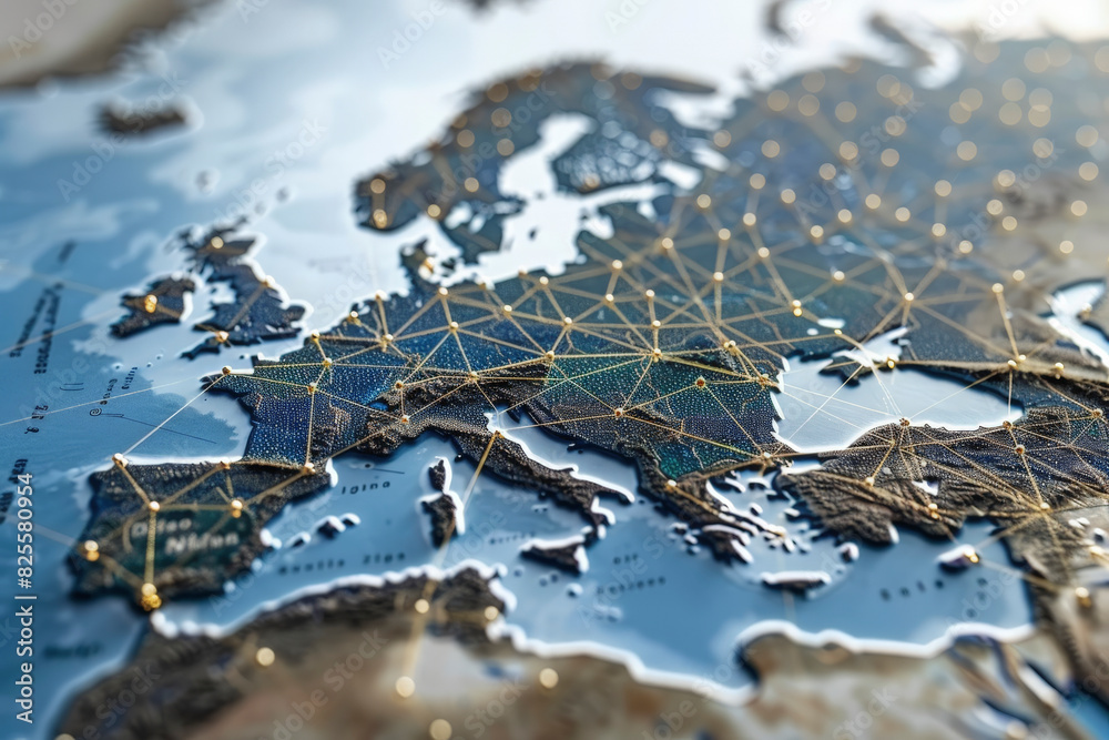 A close-up of a stylized map showing Europe with cities connected by ...