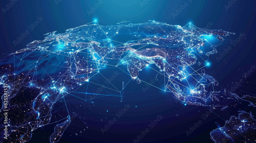 Digital representation of a global network overlaying a map of the ...