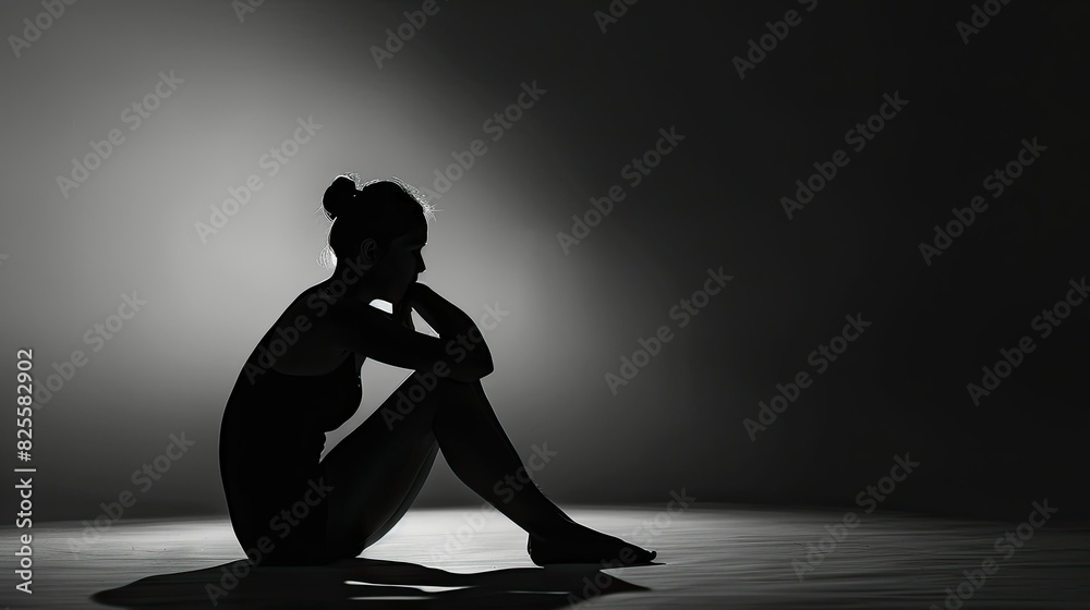 Silhouette of someone sitting in a fetal position, knees hugged, with ...