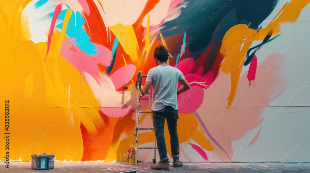 Skilled creative artist using VR glasses painting futuristic digital ...