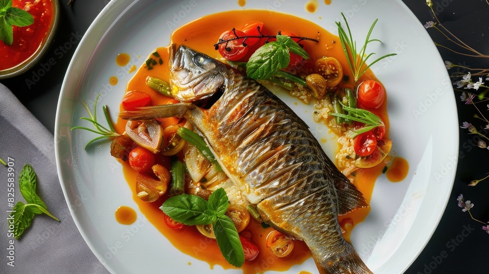 Top-down view of a tantalizing snakehead fish dish, cooked to ...