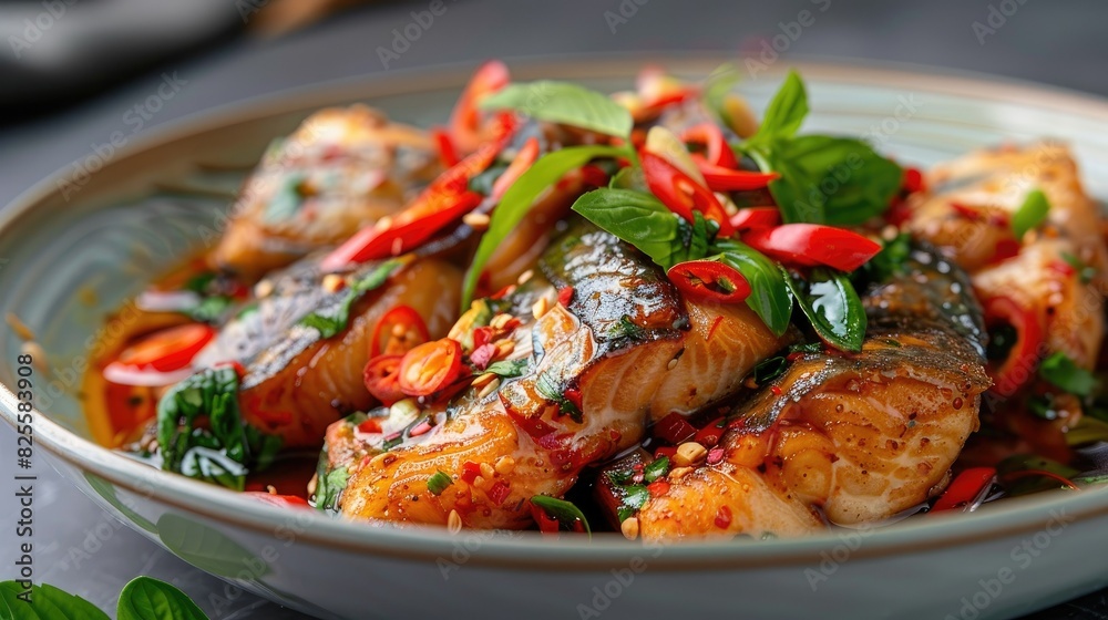 Traditional Thai snakehead fish stir-fry, with emphasis on the rich ...