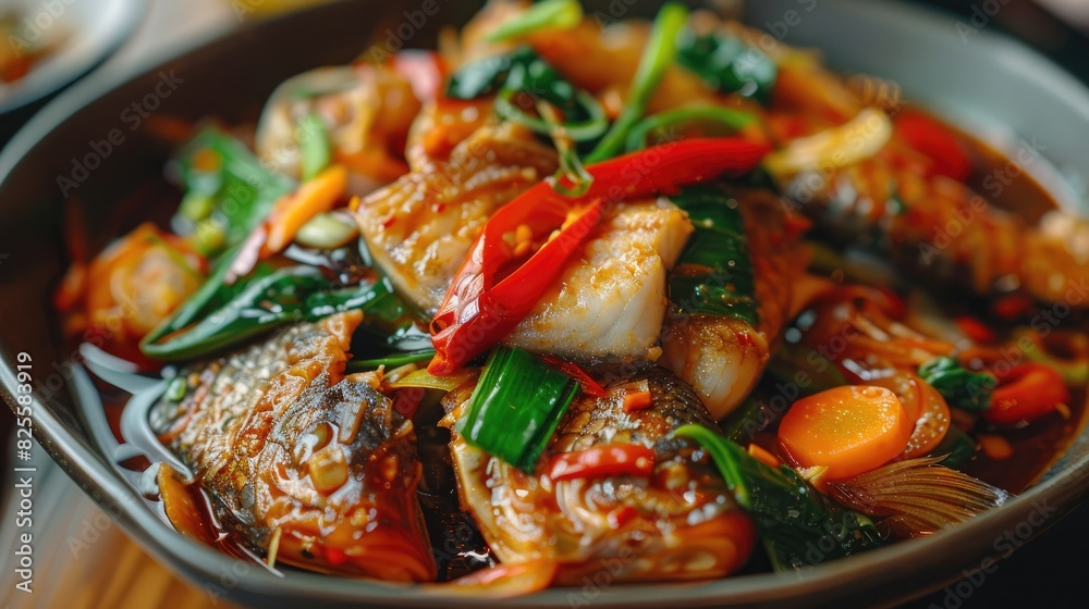 Traditional Thai snakehead fish stir-fry, with emphasis on the rich ...