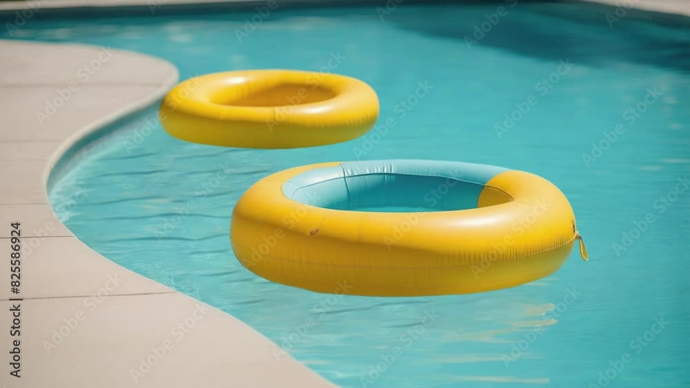 yellow donut shaped inflatable circle floats in the pool. concept of ...