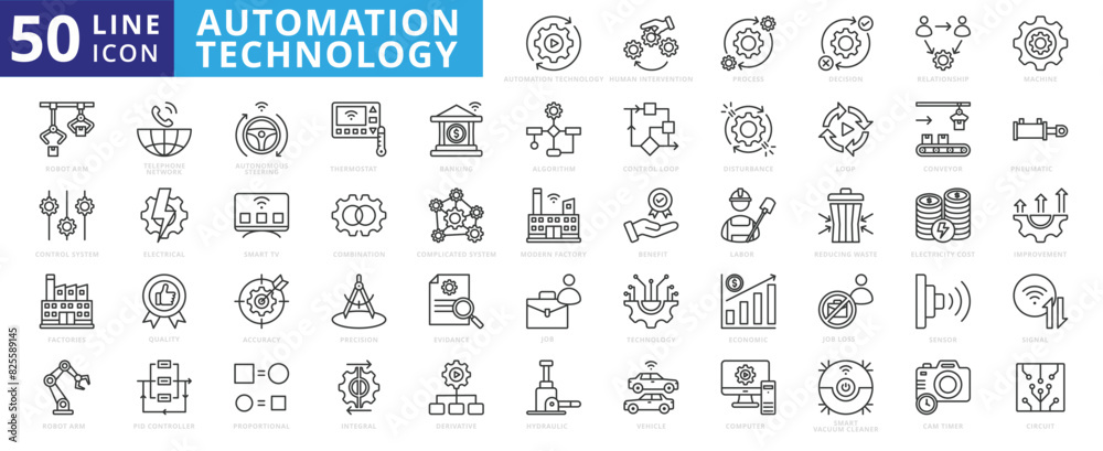 Automation technology icon set with robotic, autonomous, process ...