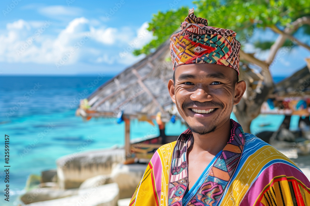 Hawaiian man dressed in traditional clothing in some beach huts full of ...