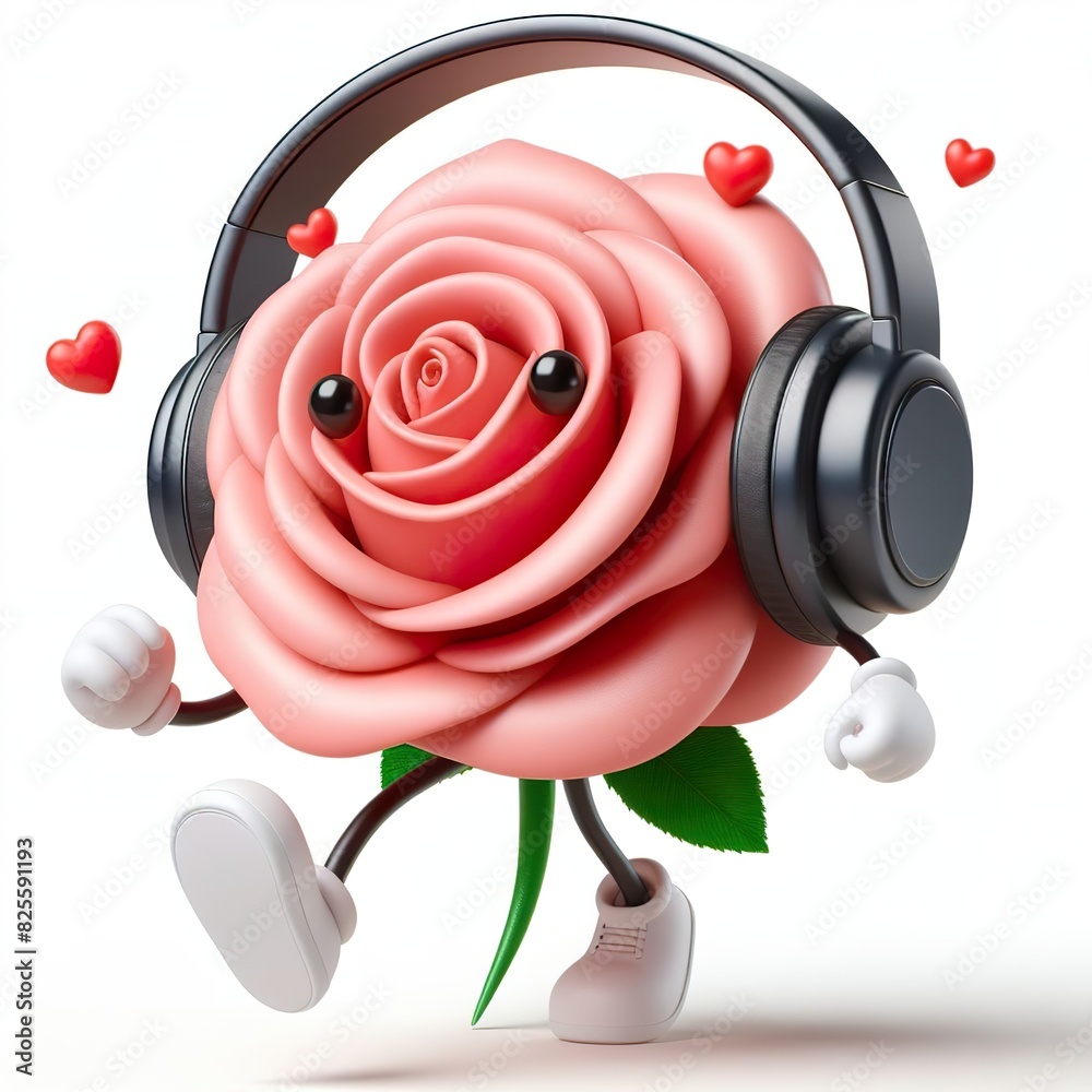 cute 3D funny a Rose with small wireless headphone on head smiling and ...