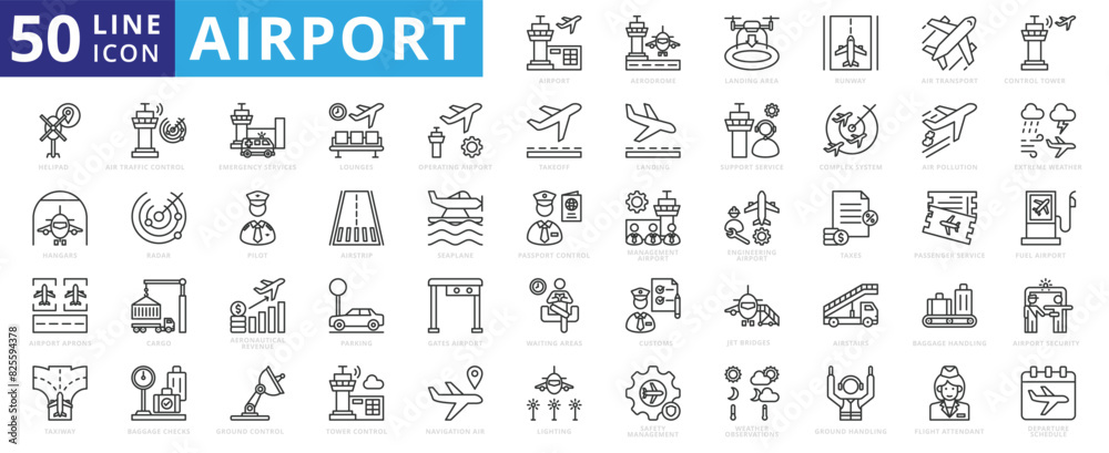 Airport icon set with aerodrome, landing area, runway, air transport ...