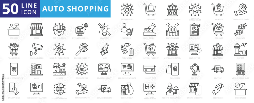 Auto Shopping icon set with automated store, artificial intelligence ...