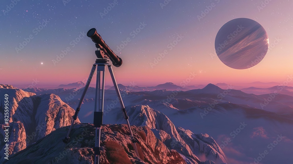 Astronomy telescope set up on a mountain peak, twilight sky with ...