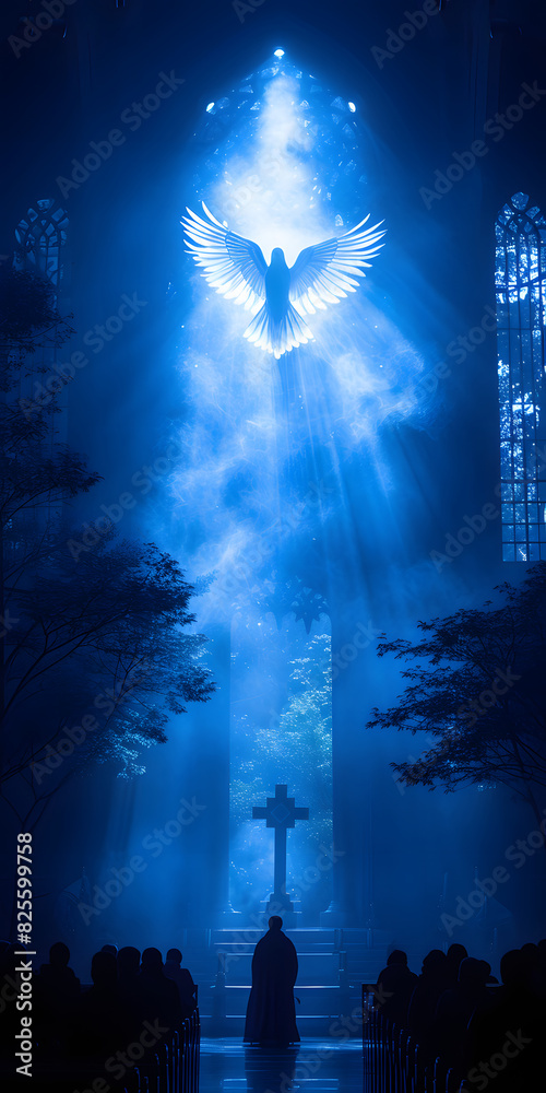 Flying white dove in blue fire with fog background. Catholic cross in ...