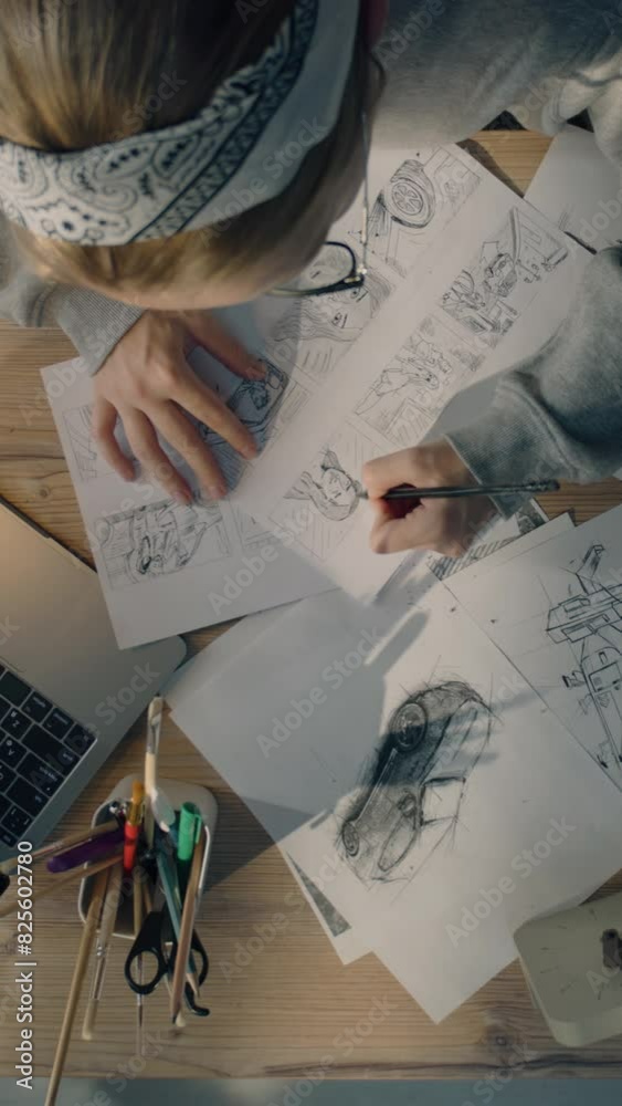 Young female illustrator drawing pencil sketches on paper. Drawings on ...