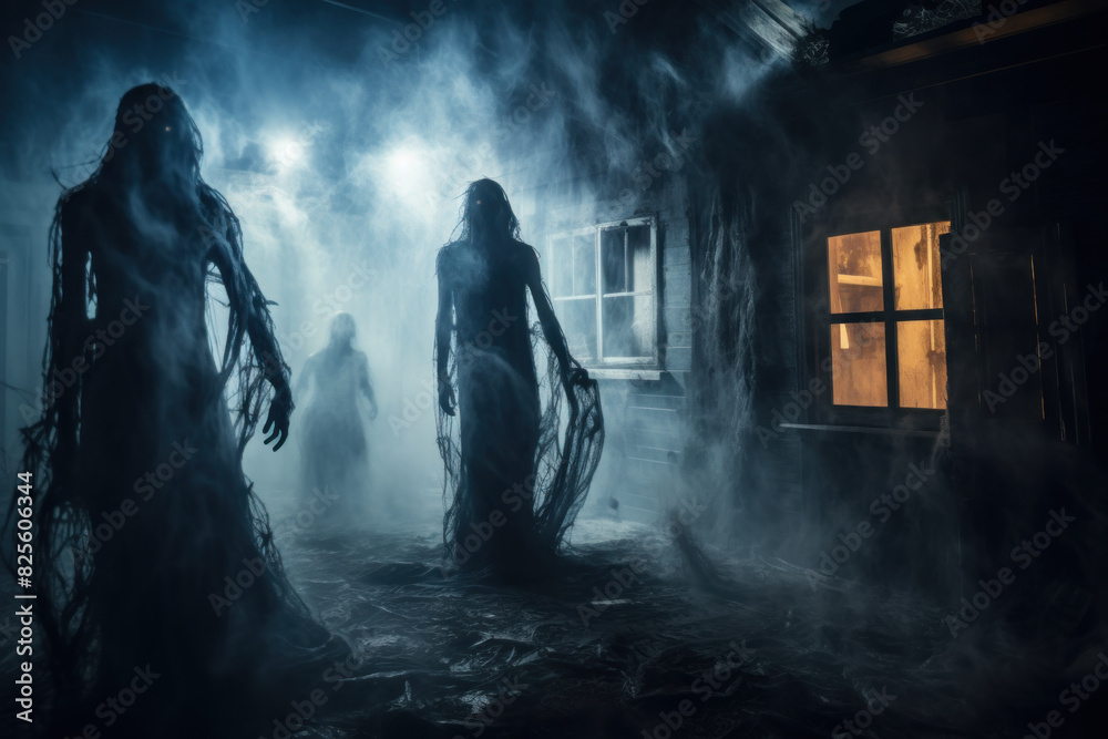 Ghostly figures with flowing robes traverse a foggy landscape outside a ...