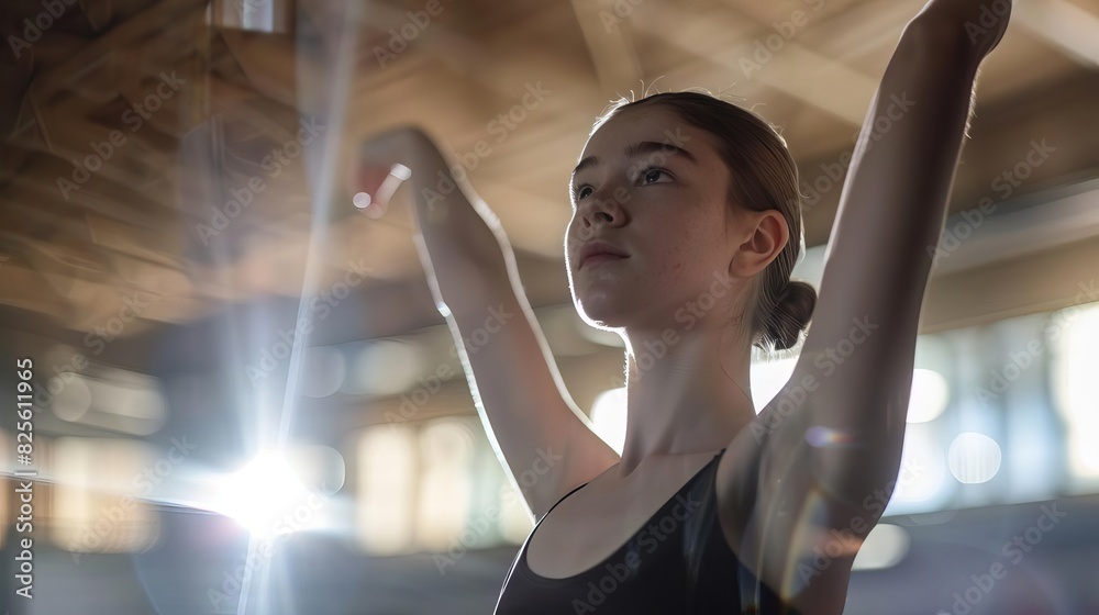 Ballet dancer practicing in a studio, mirrored walls, natural light ...