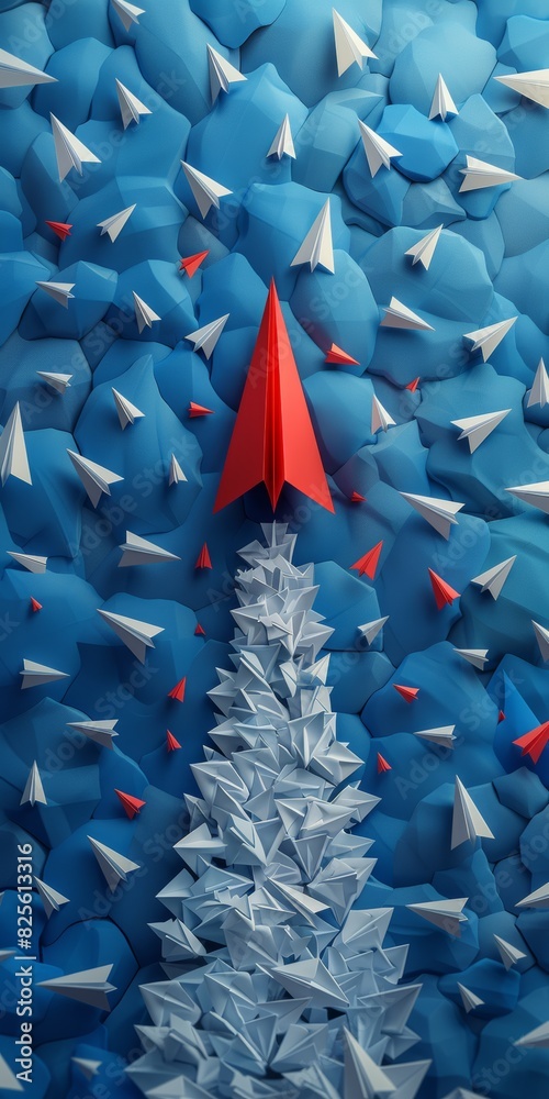 Red paper plane and many white paper planes fly on blue sky and white ...