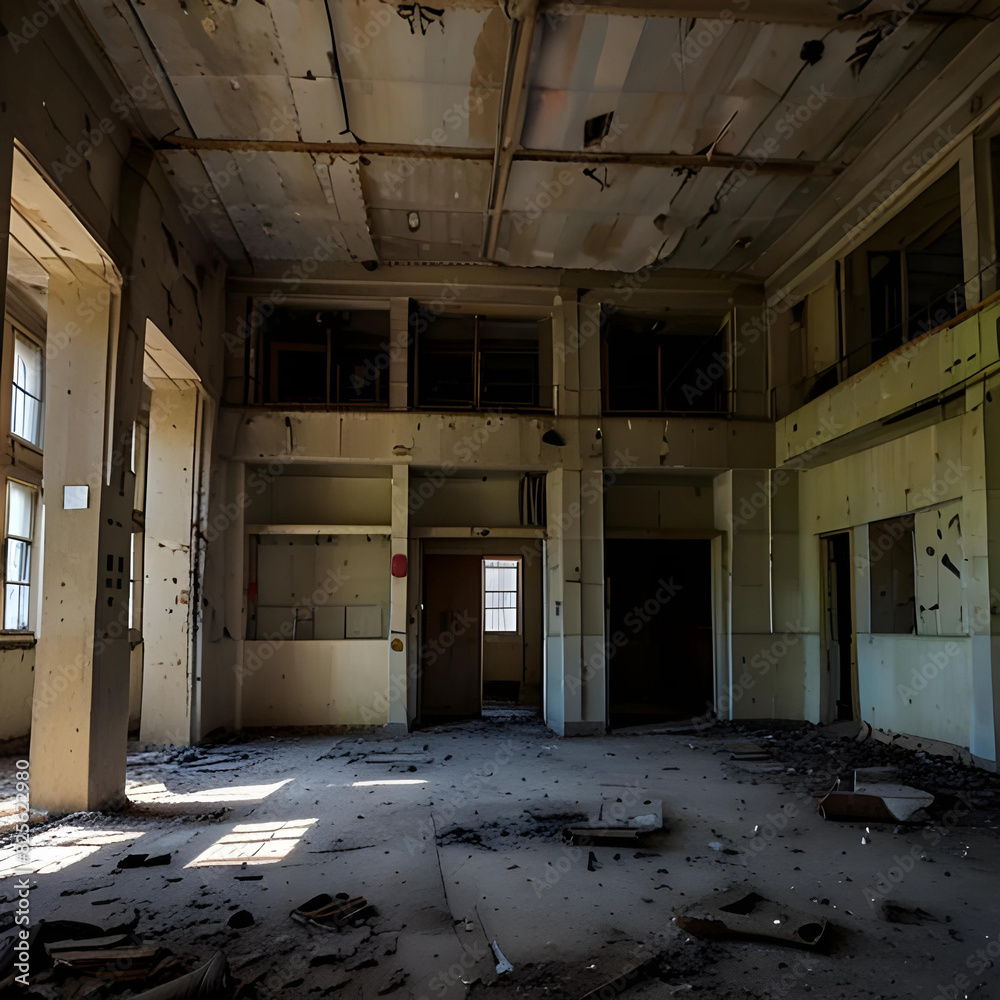 urban explorer poised at the entrance of a decaying building cobwebs ...