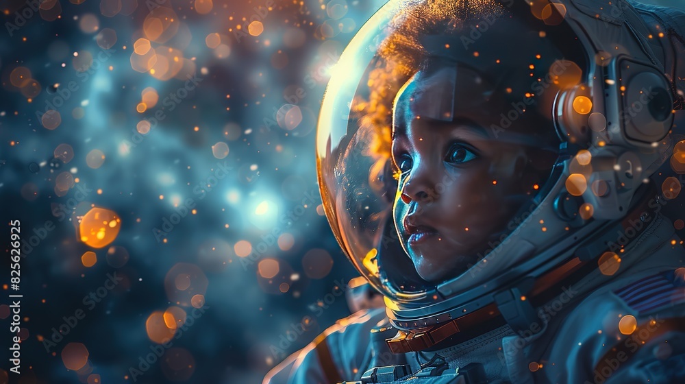 an ethnic African American baby astronaut with Afro hairstyle wearing ...