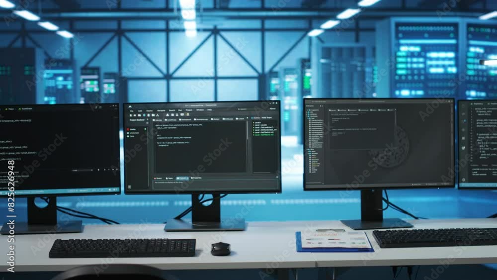 Lines of code running on computer screens in data center, used for troubleshooting rackmounts in ...