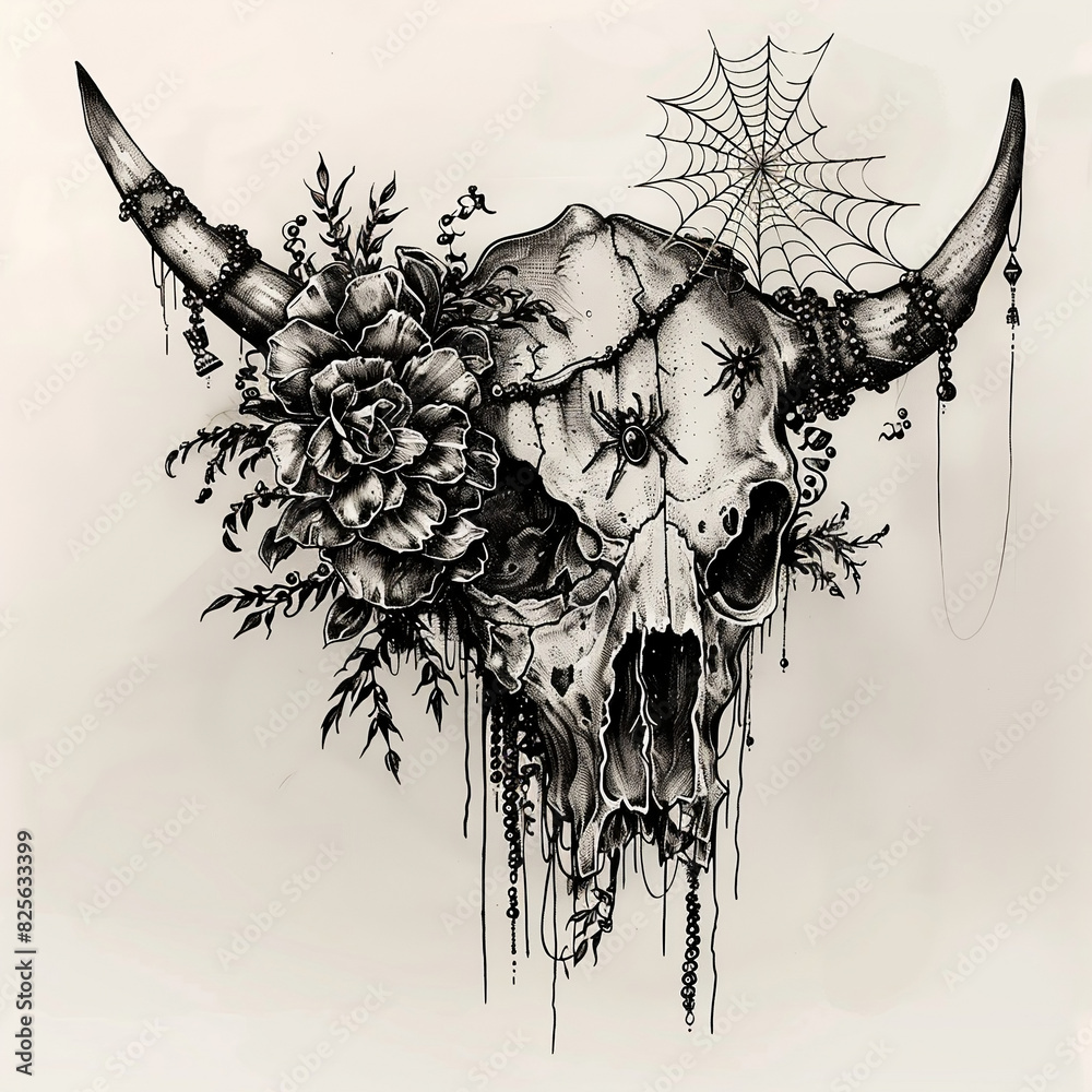 Side profile of a rotting bull skull with jewelry, spider webs, and ...