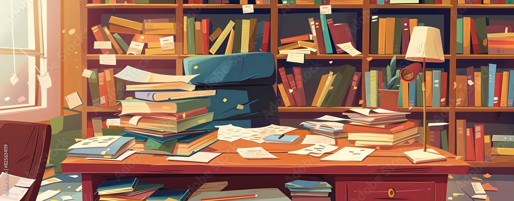 Cartoon illustration of an office desk with piles of papers, books and ...