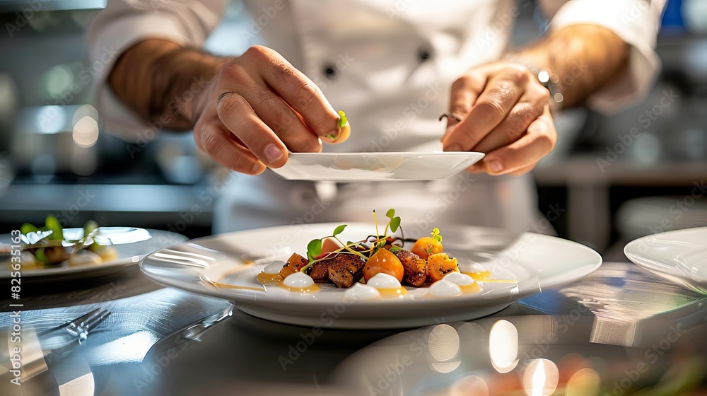 Fine dining scene with a chef presenting a beautifully arranged tasting ...