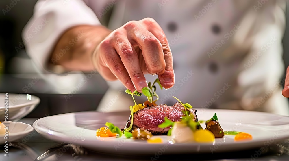 Fine dining scene with a chef presenting a beautifully arranged tasting ...