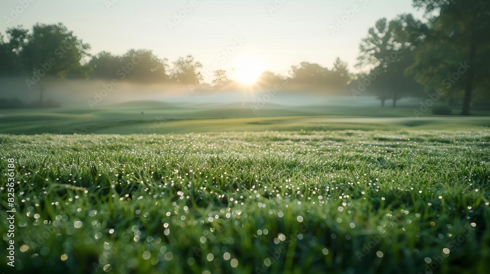 Golf course at sunrise, dewcovered fairways, vibrant green grass ...