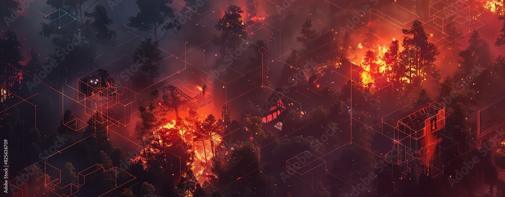 A forest on fire with several burning houses, aerial view, concept art ...