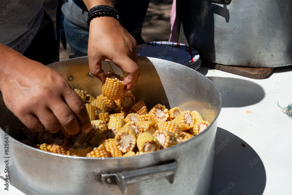 Detalle manos sacando trozos de choclo de una olla popular, gigante ...