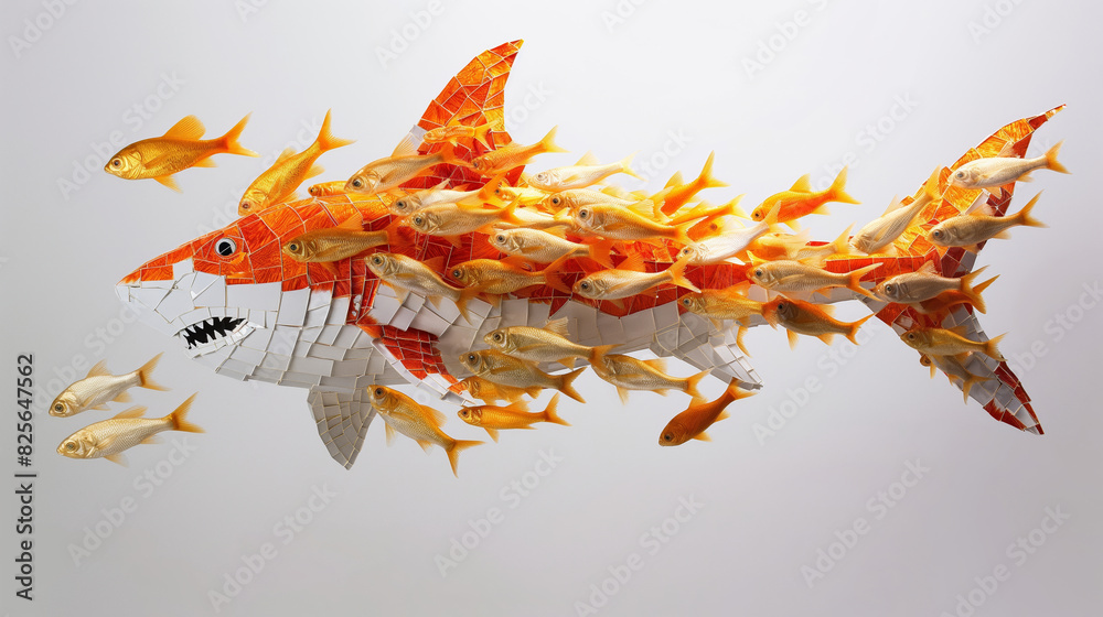 A shark paper sculpture made from paper grafts with dozens of goldfish ...