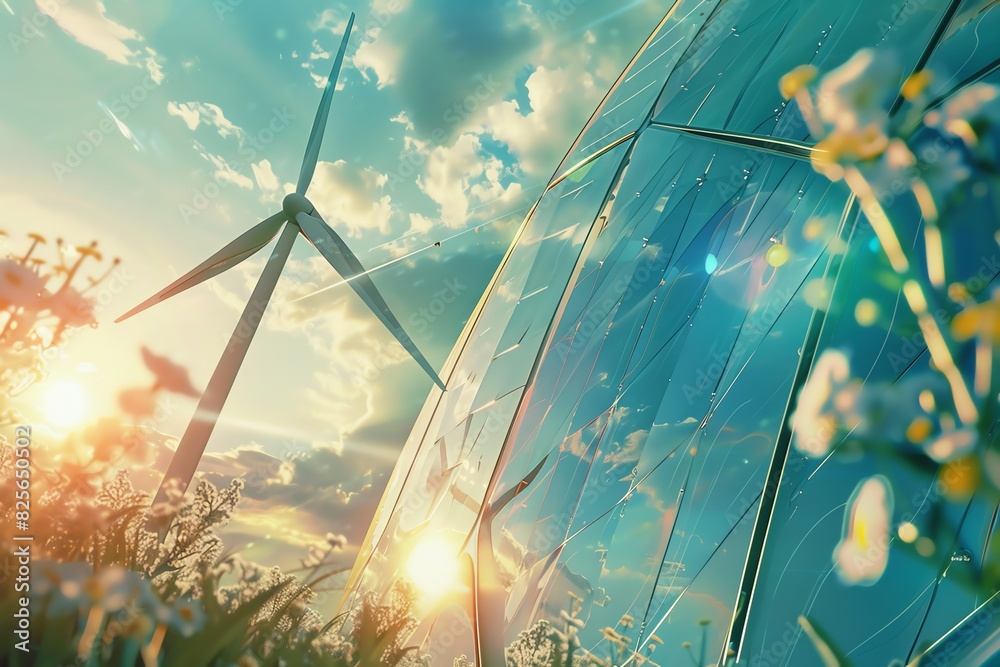 Craft a striking image of renewable energy sources up close, using a ...