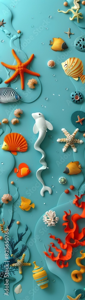 Sea creatures in the ocean flat design top view underwater theme 3D ...