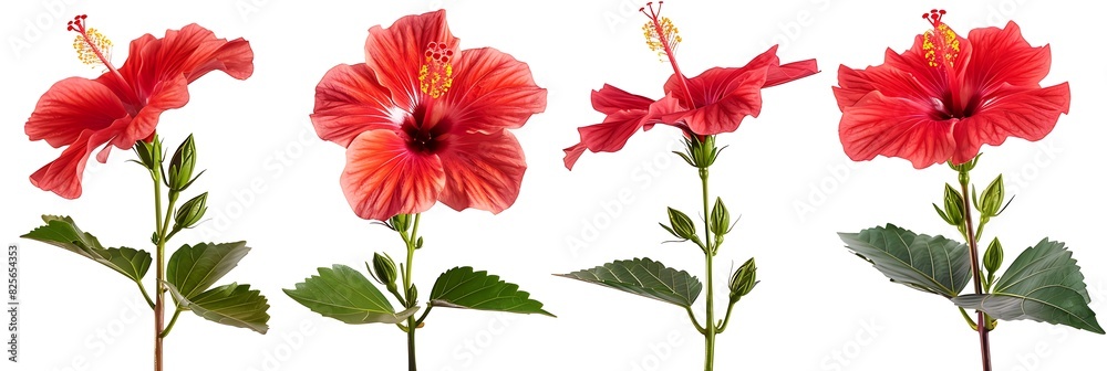 Four red hibiscus flowers in different stages of bloom, with their ...