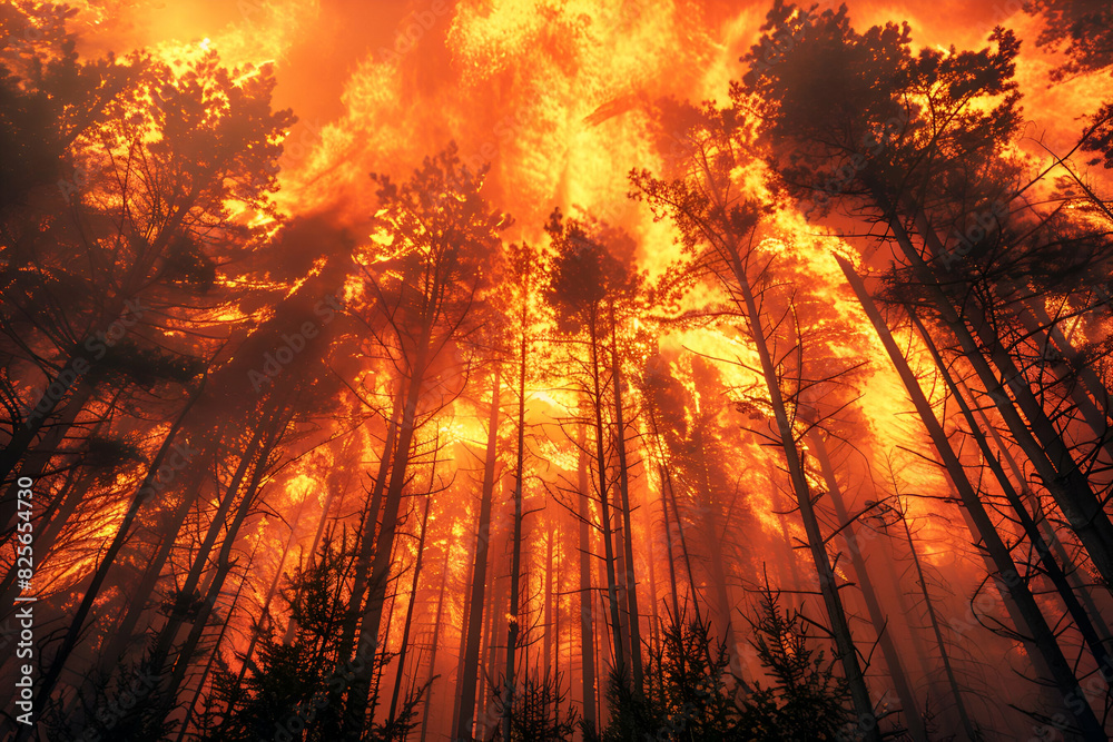 Intense forest fire with towering flames, illustrating the destructive power of natural ...