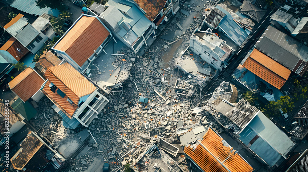 Aerial view of earthquake destruction in a residential area ...