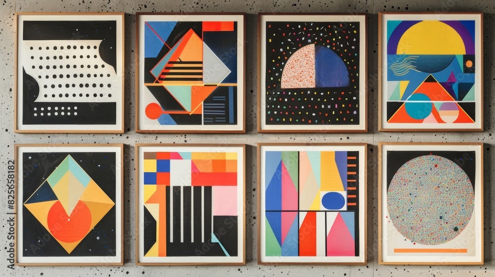 A set of eight screen prints all featuring geometric shapes and ...