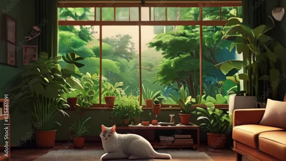 stream overlay loop, cozy lo-fi living room with greenery and cat ...